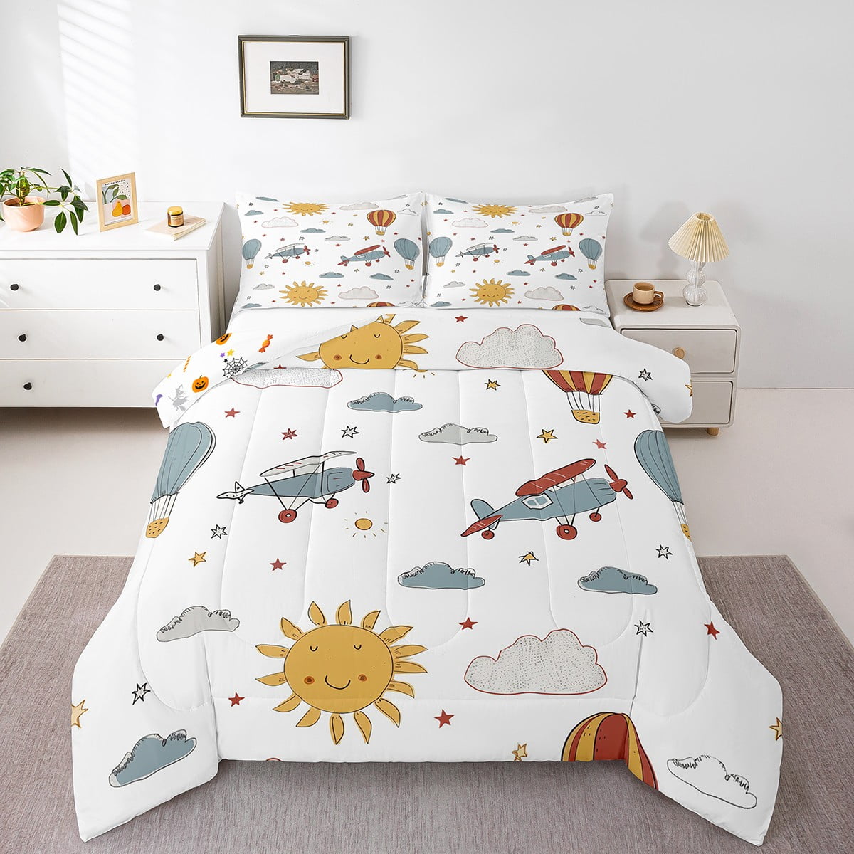 YST Kids Airplane Comforter Set Full Cartoon Aircraft Bedding Set For Boys Toddler Sky Sun ...