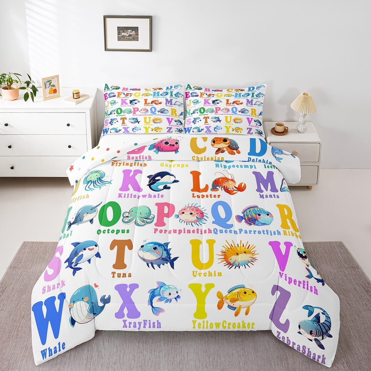 Erosebridal Alphabet Bedding Set Ocean Animal English Alphabet Comforter Set,Cartoon Abc Letters ...