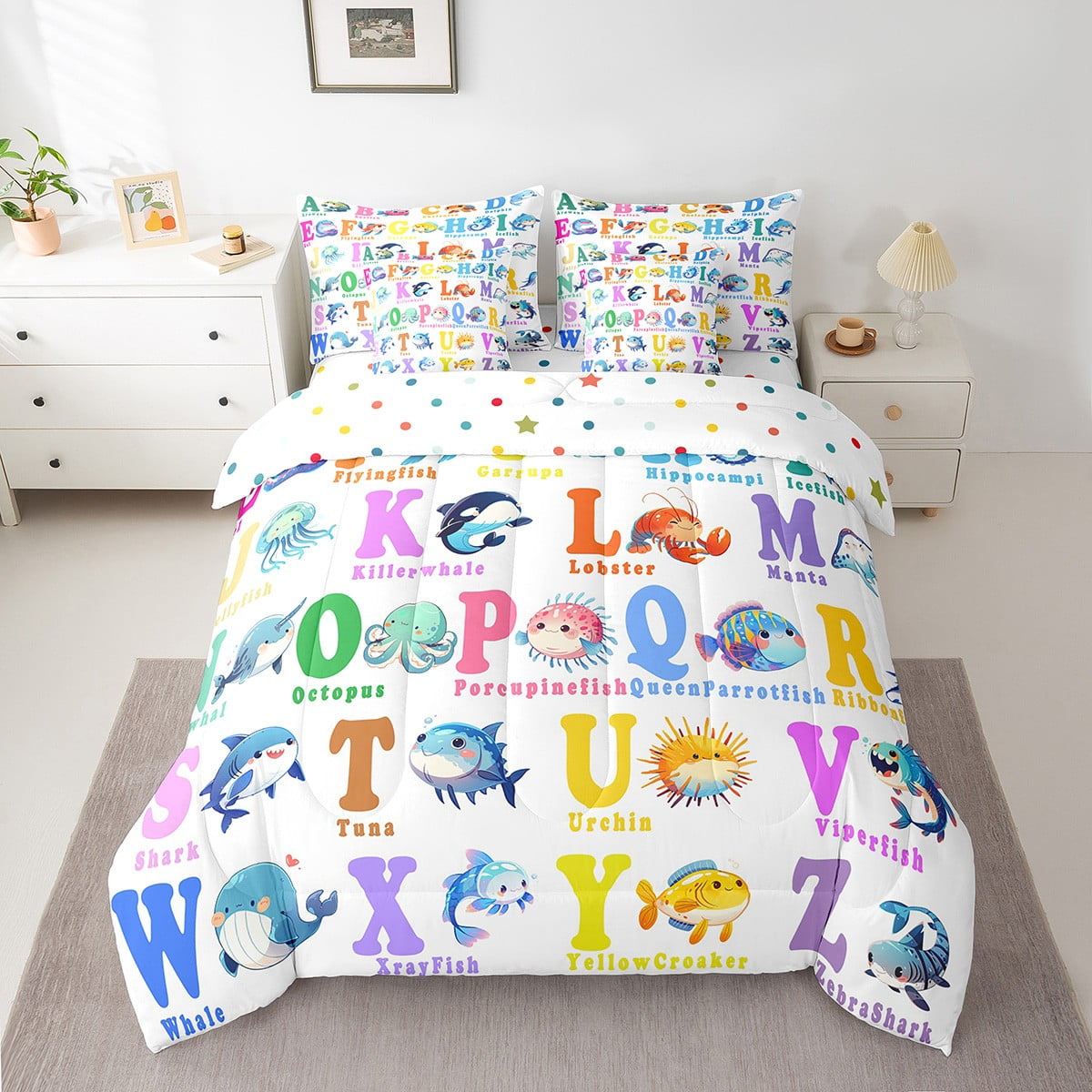 YST Kids Alphabet Comforter Set With Sheets Queen Ocean Animal English Alphabet Bed In A Bag 7 ...