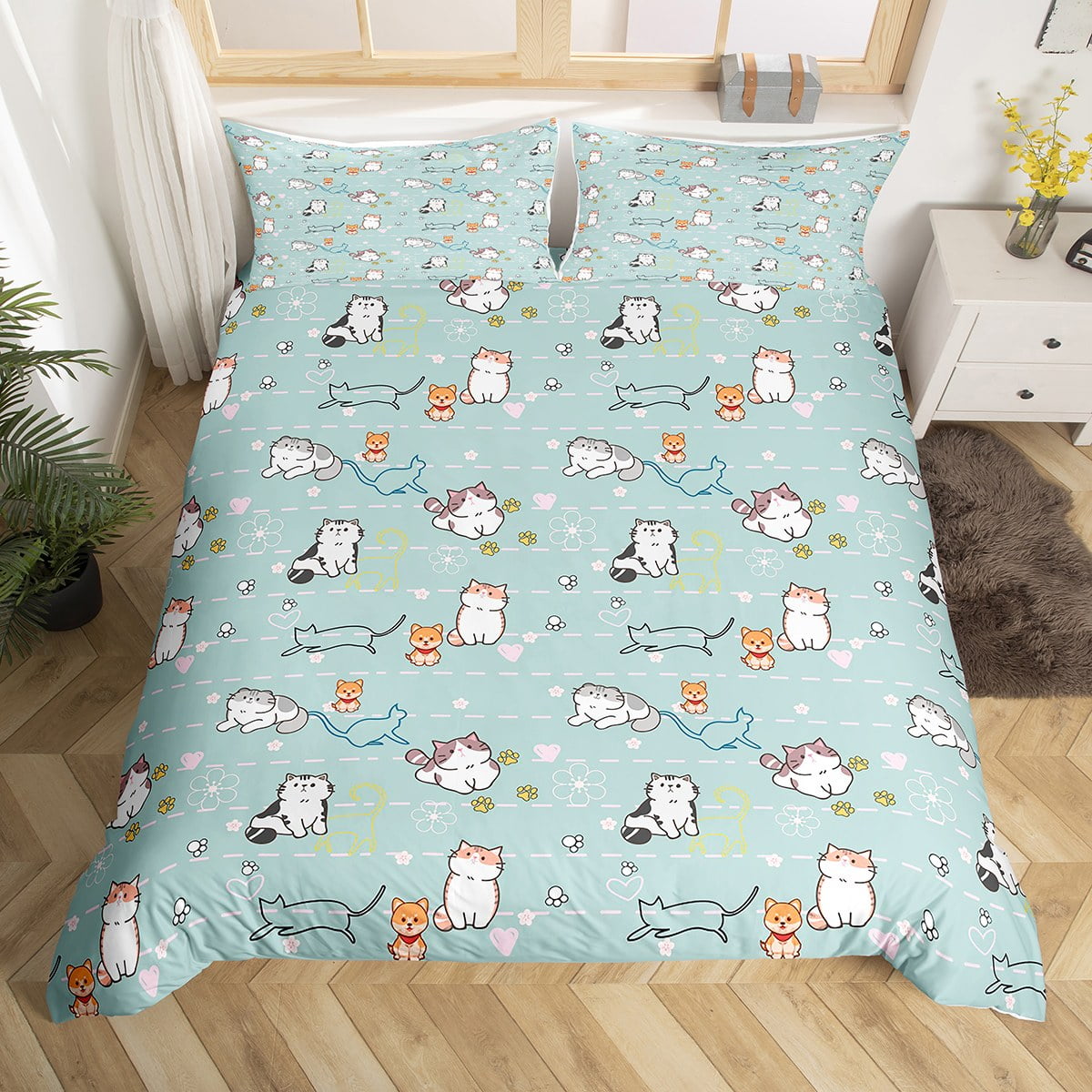 Erosebridal Animal Duvet Cover Full Cartoon Cat Bedding Set, Cherry ...