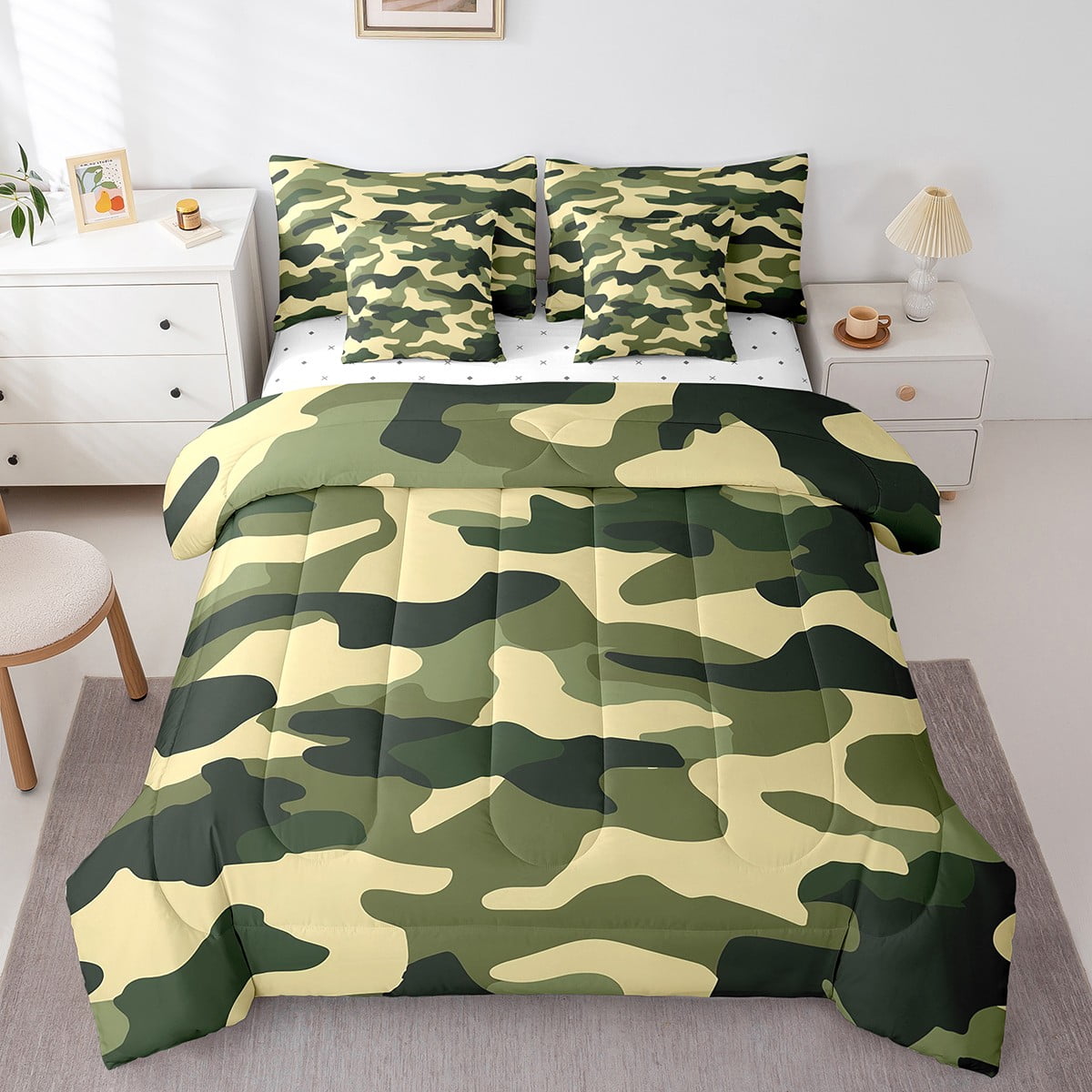 Army Green Camo Comforter Set 7 Piece Queen,Military Camo Bed in A Bag ...