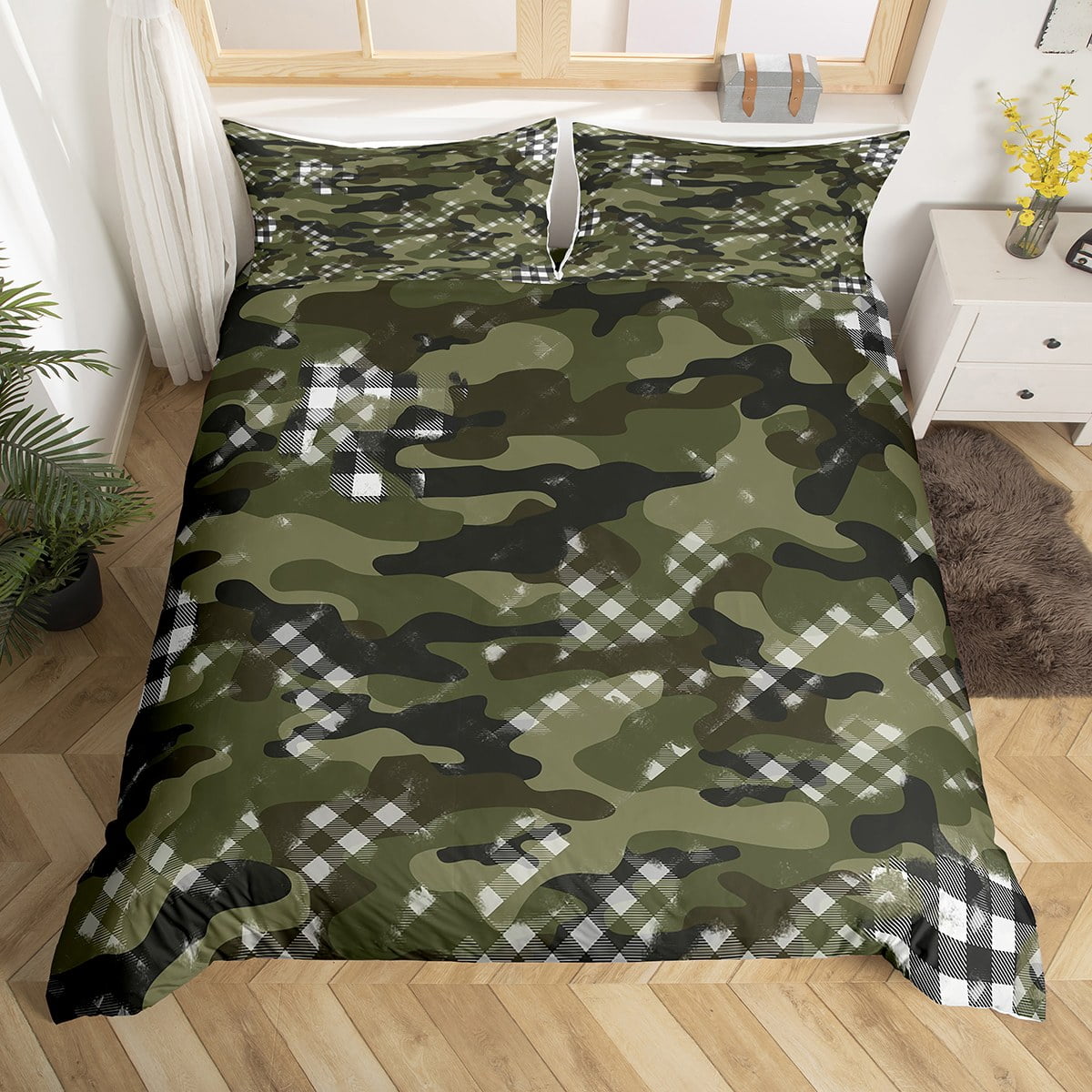 Erosebridal Army Green Camo Duvet Cover Queen Black White Buffalo Plaid ...