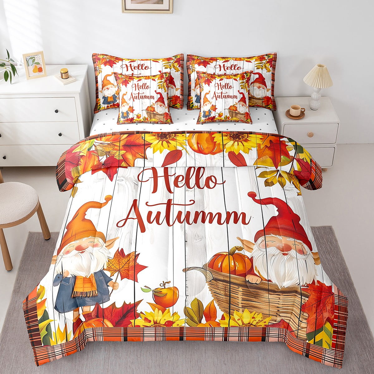 Autumn Fall Queen Comforter Set With Sheets 7 Piece Cartoon Pumpkins ...