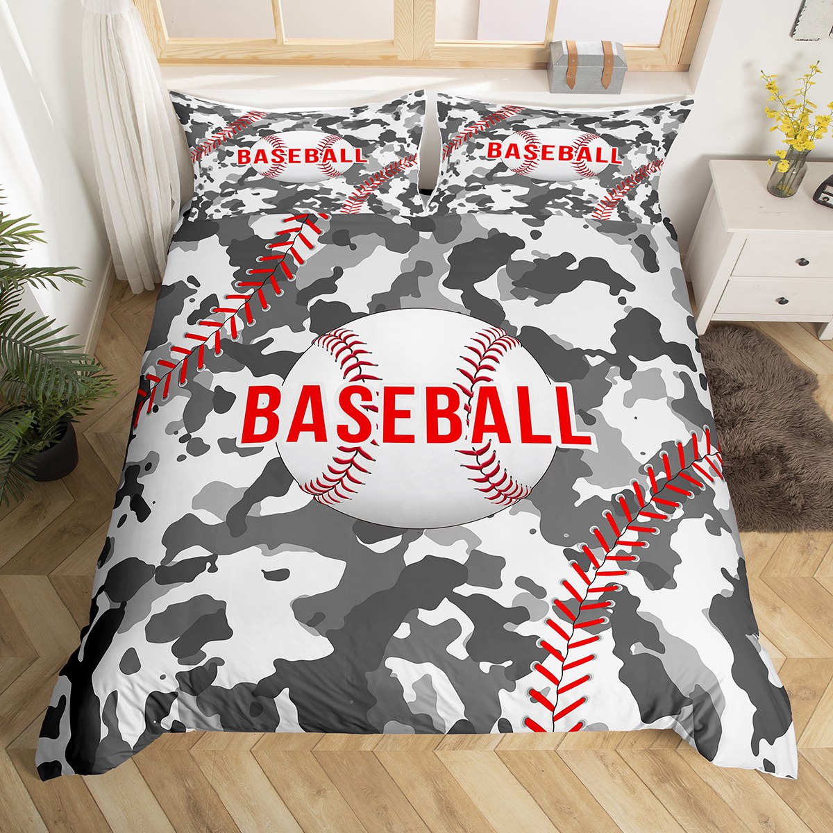 Erosebridal Baseball Bed Set Grey White Camo Duvet Cover, Sports ...