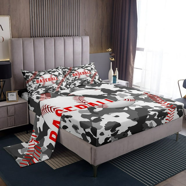 YST Kids Baseball Bed Set Grey White Camo Bed Sheets Set, Boys Girls ...