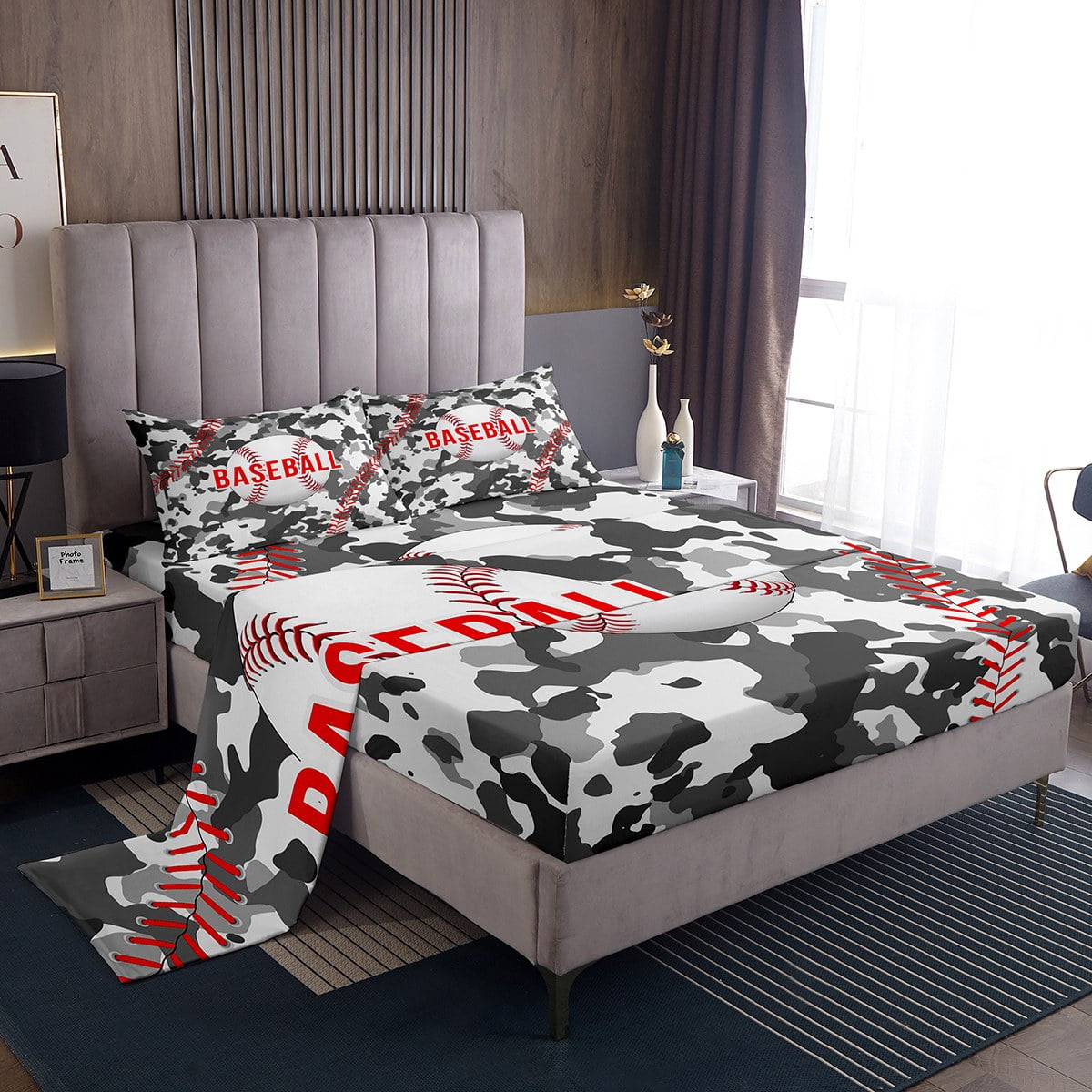 YST Kids Baseball Bed Sheets Set Grey White Camo Full Size Sheet Sets ...