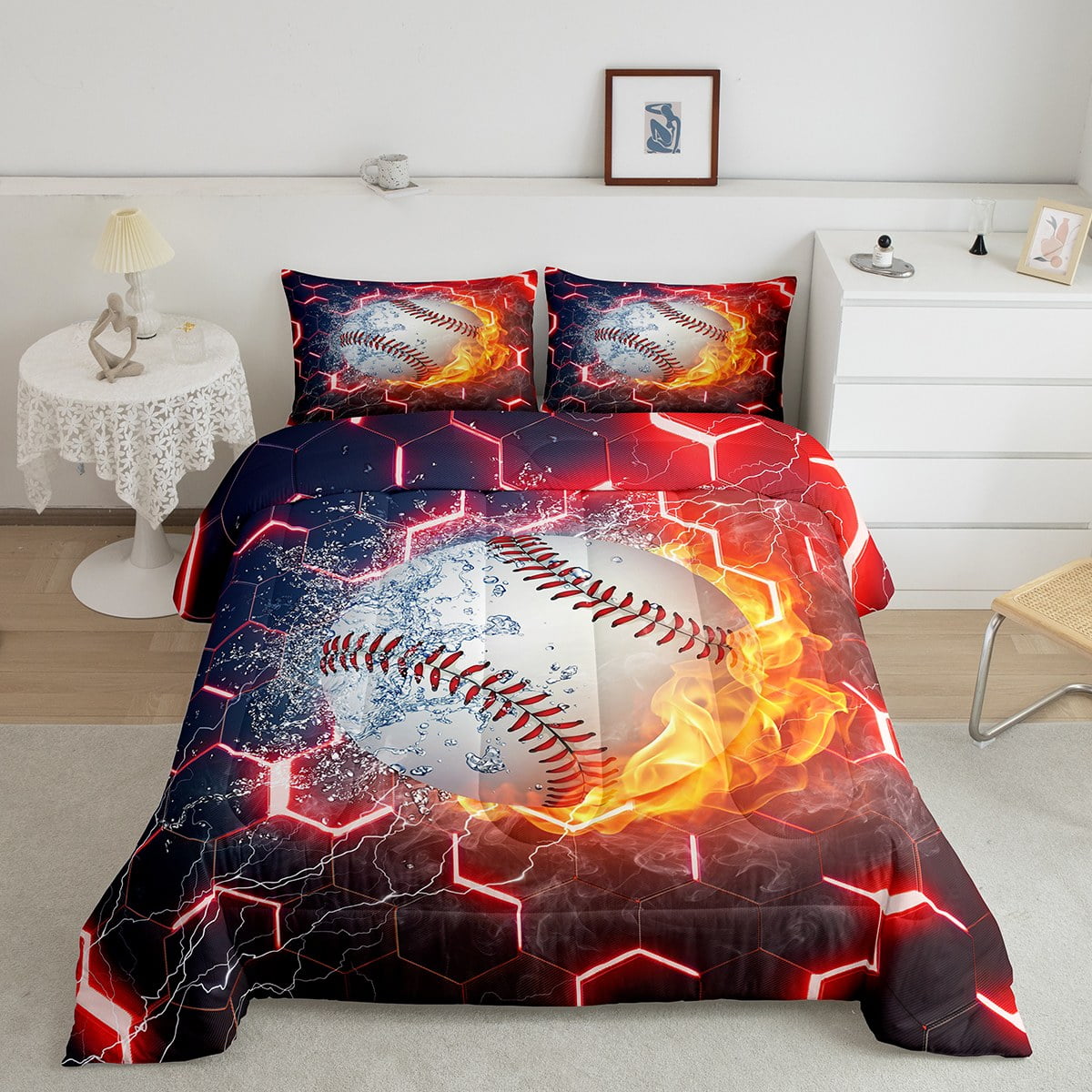 YST Kids Baseball Comforter Set, Geometric Hexagon Bedding Set Red Neon ...