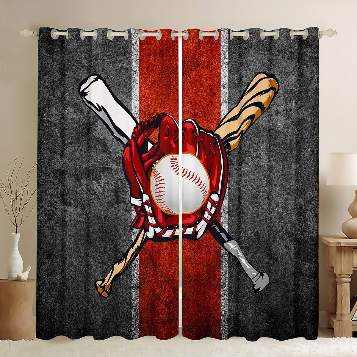 Baseball Curtains & Drapes Grey Red Stripe 30%-50% Blackout Curtains ...