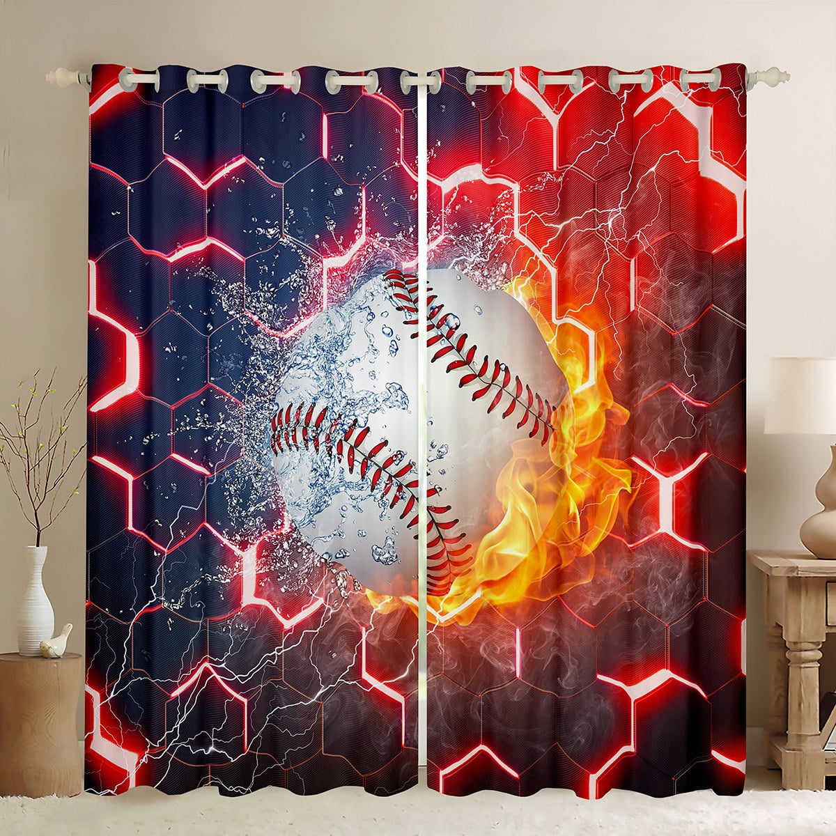 Erosebridal Baseball Curtains, Geometric Hexagon Blackout Curtains Red ...