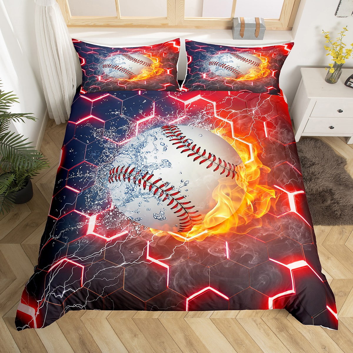 YST Kids Baseball Duvet Cover, Geometric Hexagon Bedding Set Red Neon ...