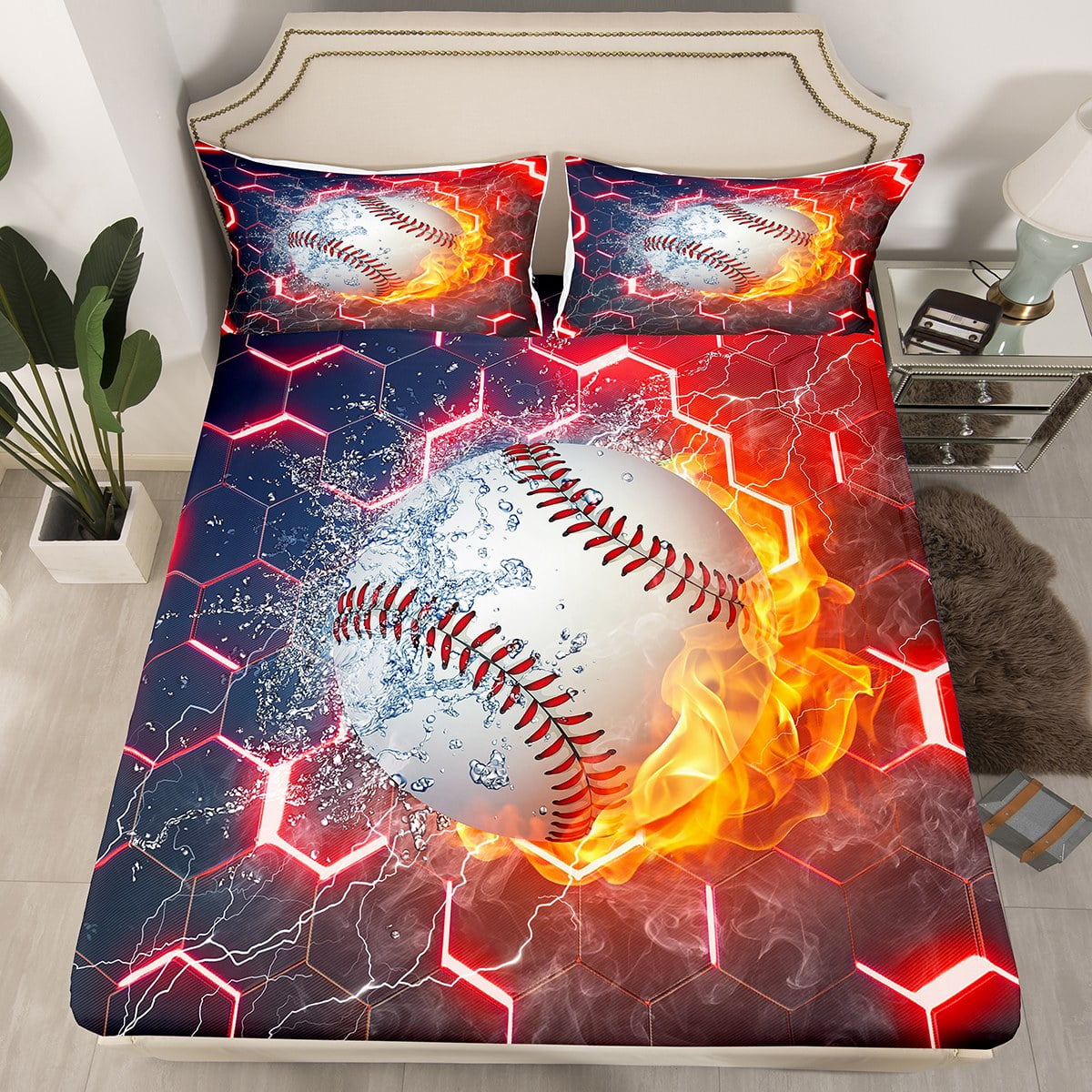 YST Kids Baseball Fitted Sheet, Geometric Hexagon Bedding Set Red Neon ...