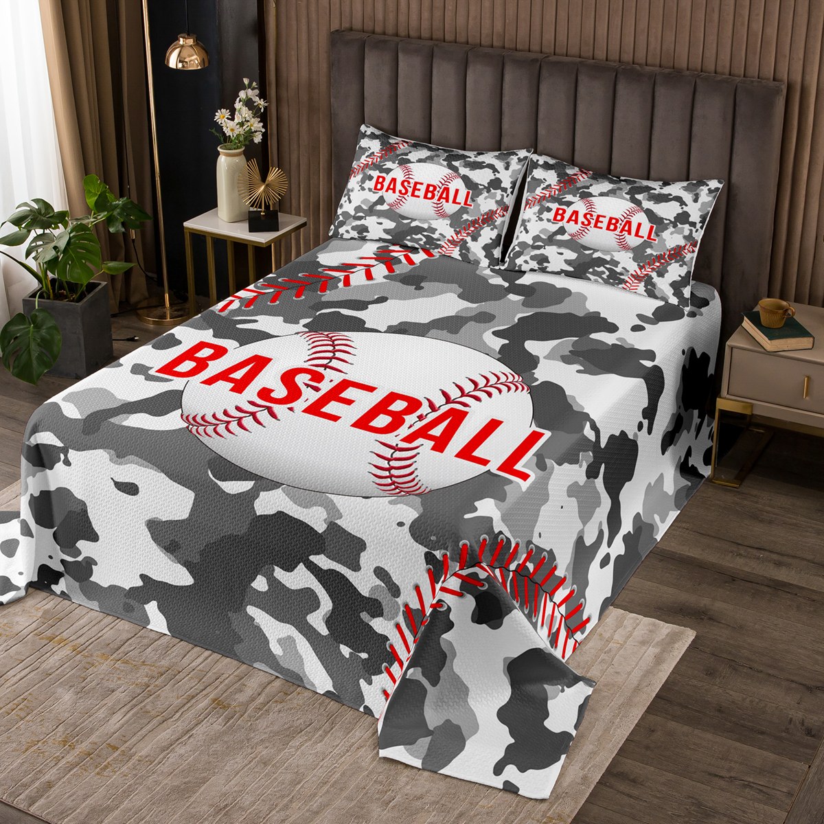 YST Kids Baseball Queen Quilt Set Grey White Camo Coverlet Set, Boys ...
