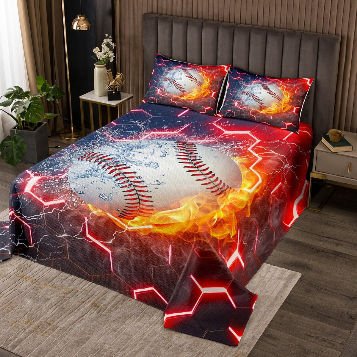 Erosebridal Baseball Quilt Set, Geometric Hexagon Bedspread Set Red ...