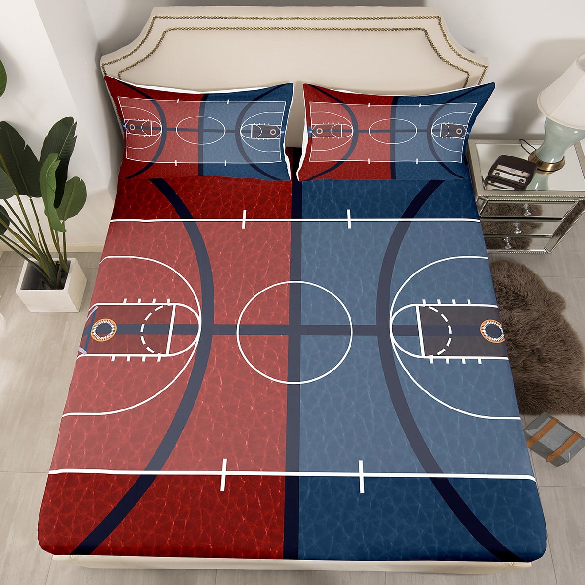 Basketball Bed Sheets Twin Size Teens Men Ball Sports Bedding Set Basketball Court Fitted Sheet ...