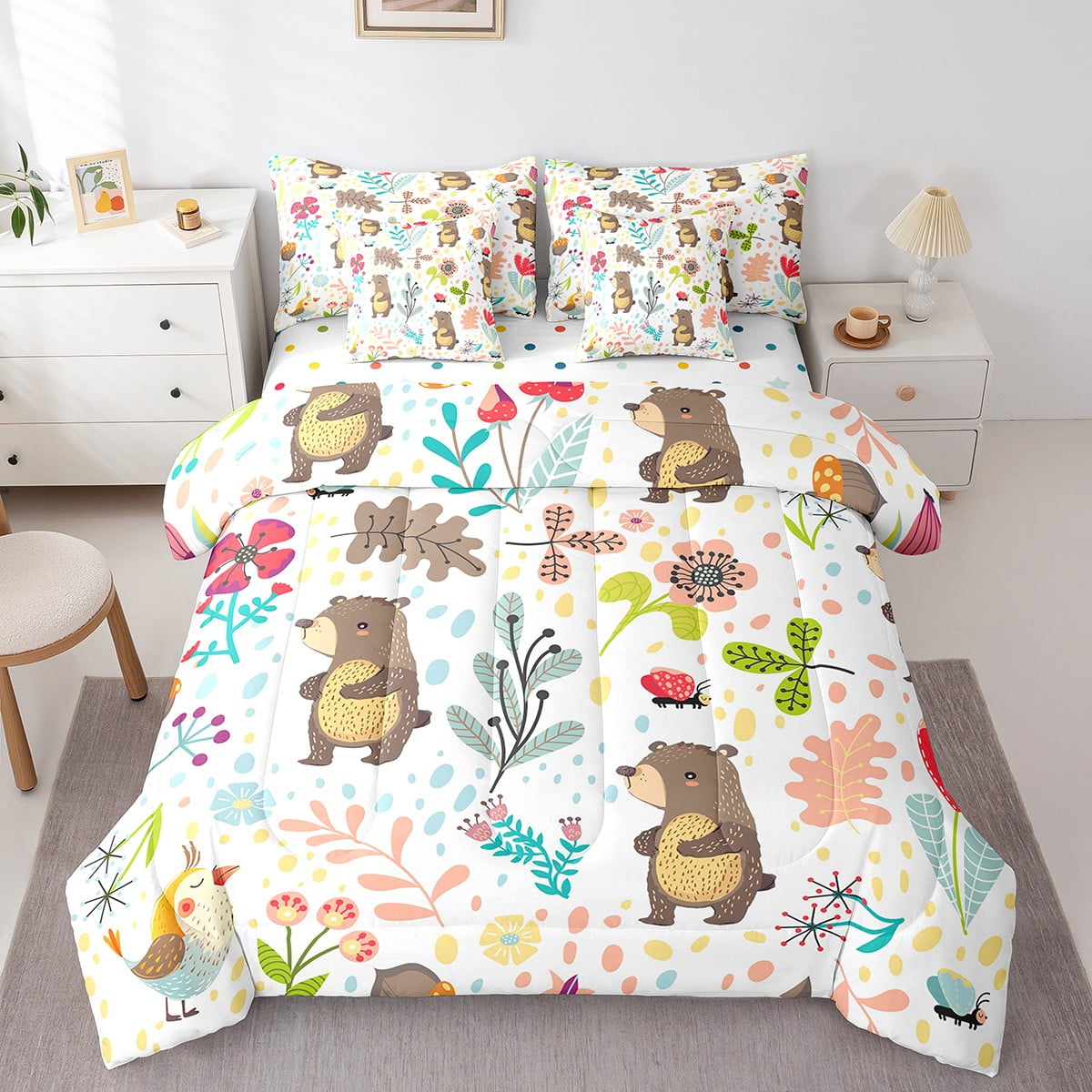 YST Kids Bear Comforter Set 7 Piece King Cartoon Woodland Bear Bed In A ...