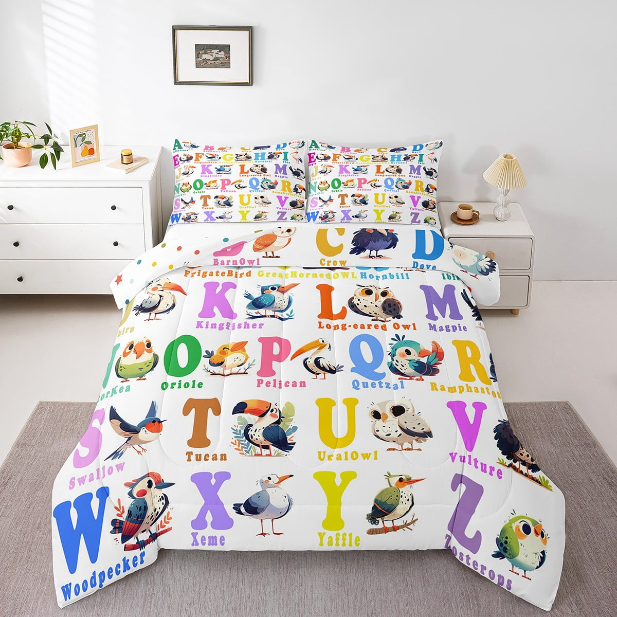 Birds Alphabet Comforter Set Full Cartoon English Alphabet Bedding Set ,Abc Letters Bed ...