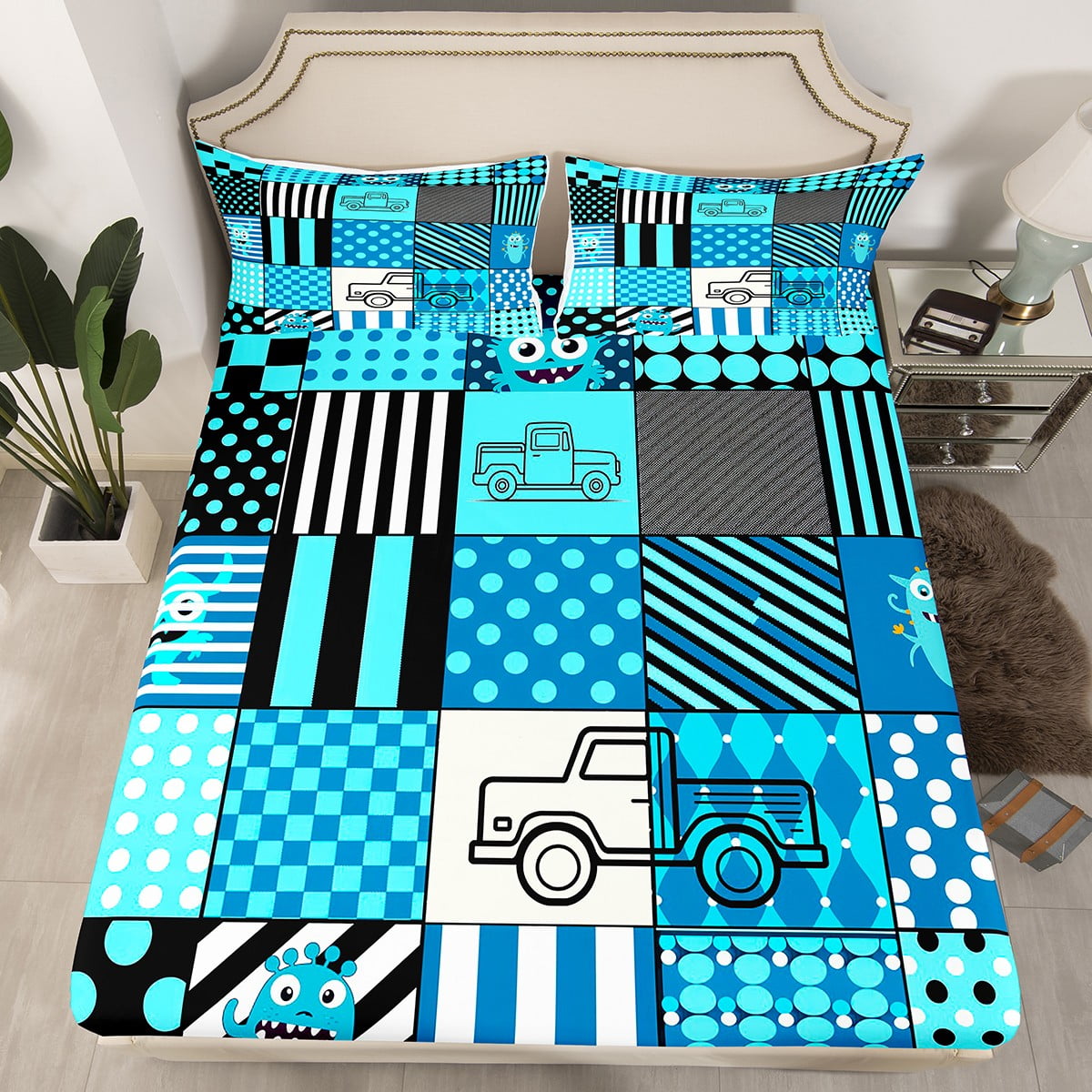 YST Kids Blue Queen Fitted Sheet Truck Tractor Bedding, Cute Monster Bed Sheets Geometric Stripe ...