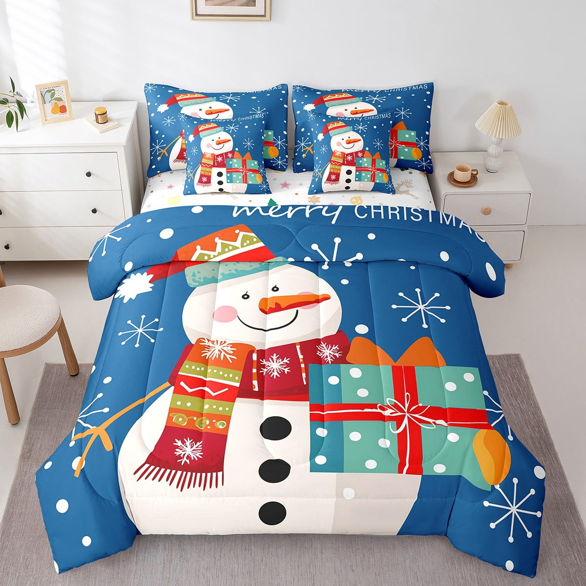 Blue Snowman Queen Comforter Set 7 Piece,Winter Themed Snowflake ...
