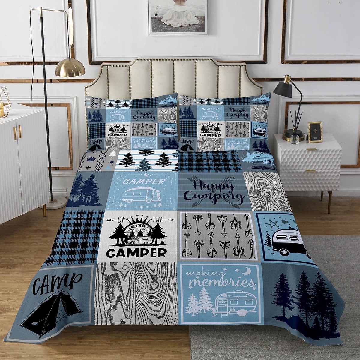 YST Kids Camper Coverlet Set Queen Happy Camping Quilt Set Rv Bunk Accessories Bedspread Set For ...