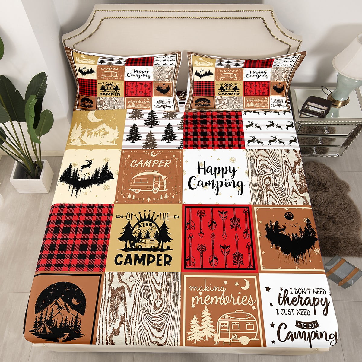 Camping Theme Fitted Sheet Queen,RV Camper Bedding Set Woodland Room ...