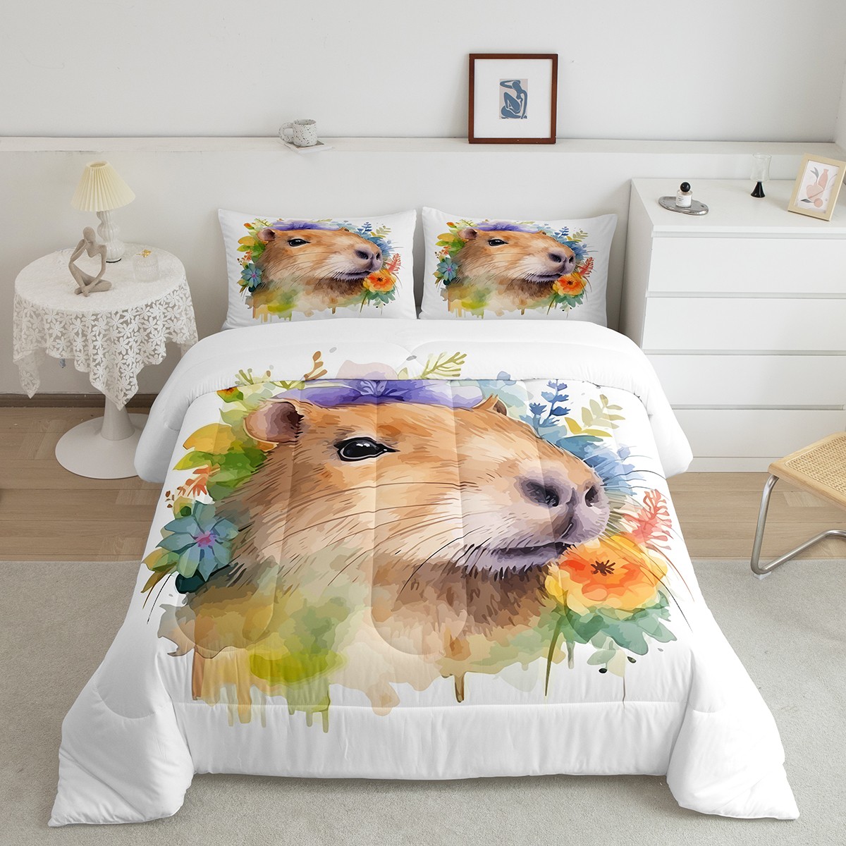 YST Kids Cartoon Bedding Set Queen Watercolor Capybara Down Comforter ...