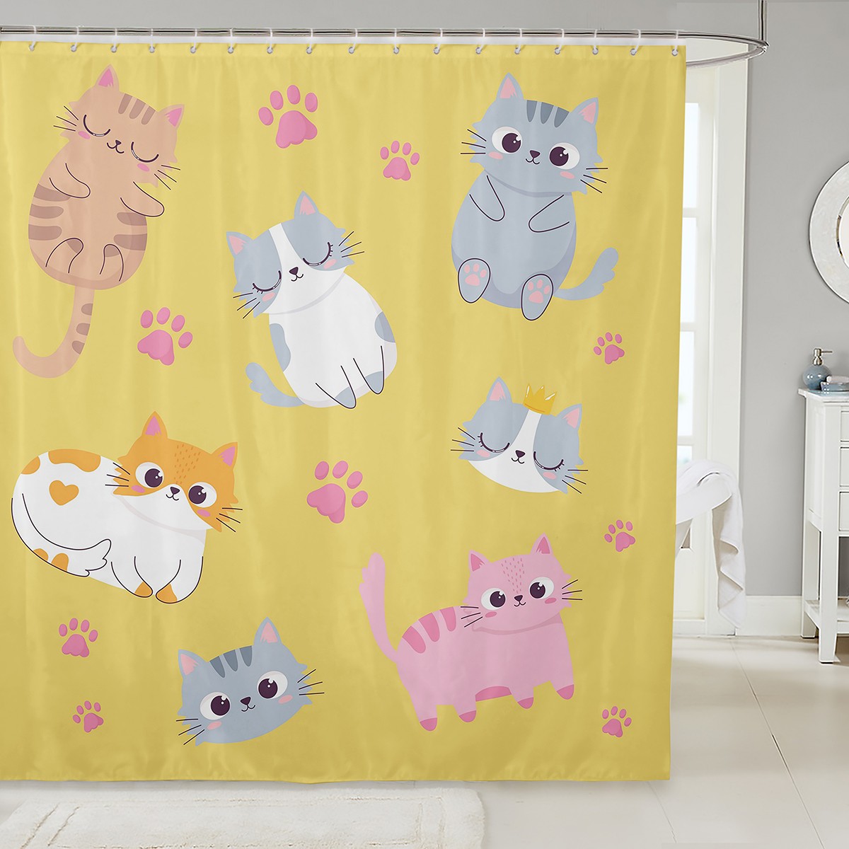 Cartoon Cat Bathroom Curtain 72"Wx72"L Colorful Cats Shower Curtain For ...
