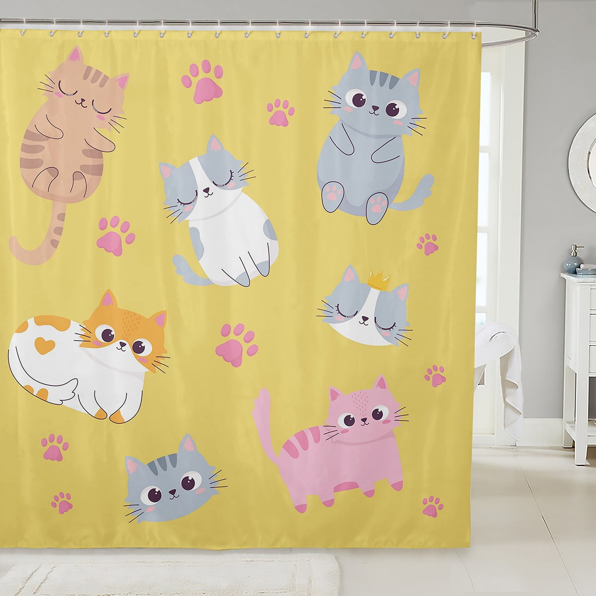Cartoon Cat Bathroom Curtain 72"Wx84"L Colorful Cats Shower Curtain For ...