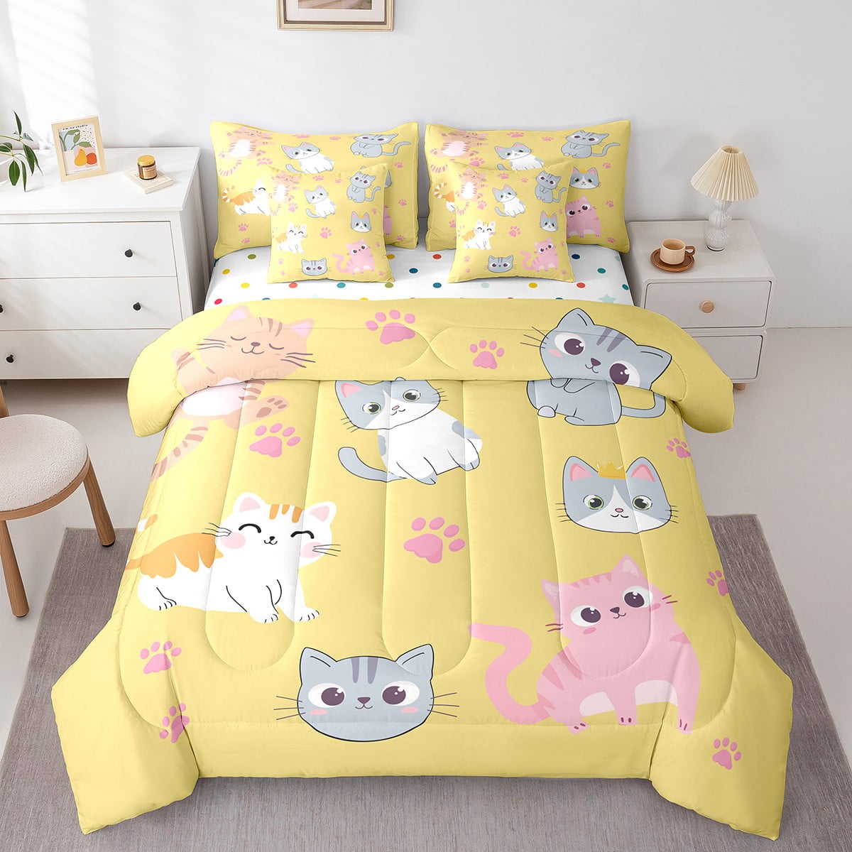 Cartoon Cat Queen Comforter Set 7 Piece Colorful Cats Bed In A Bag With ...