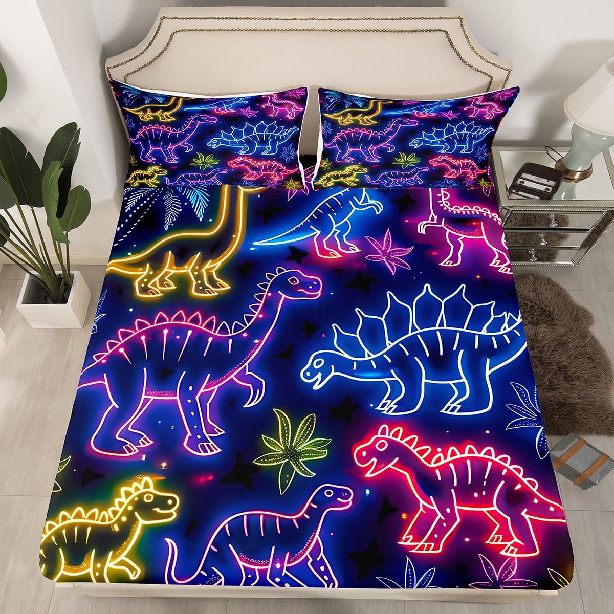 Cartoon Dinosaur Bed Sheets Cute Kawaii Dinosaur Fitted Sheet Colorful Neon Light Animal Bed ...