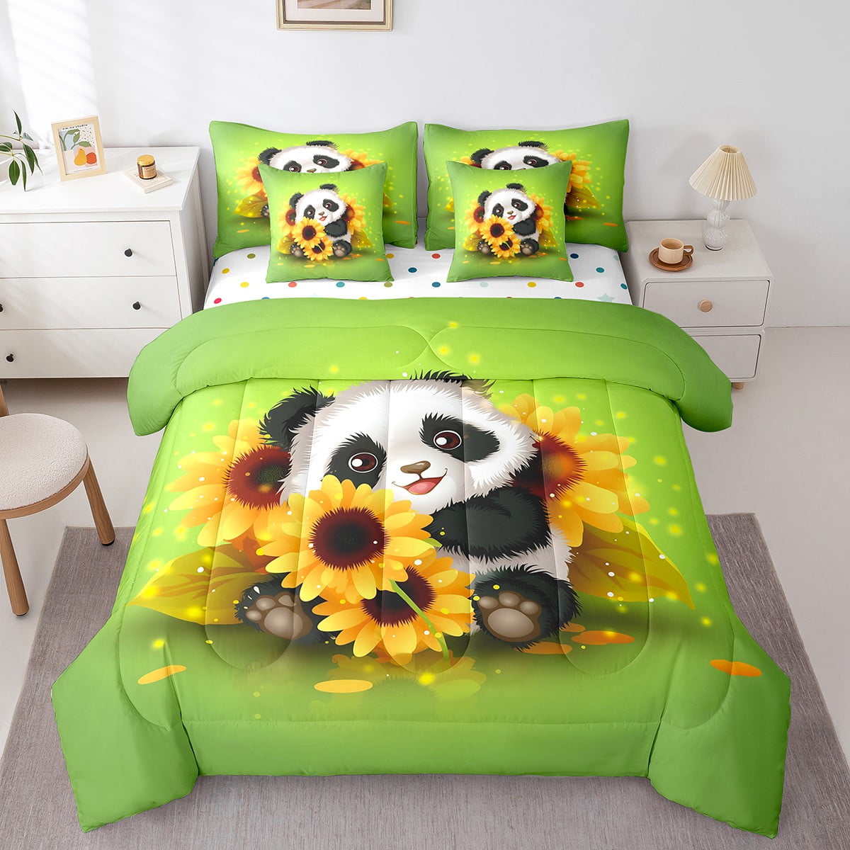YST Kids Cartoon Panda Bed In A Bag 7 Piece Farm Sunflower Twin ...