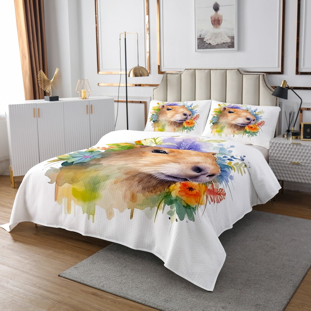 YST Kids Cartoon Quilt Set King Watercolor Capybara Bedspread Set For ...