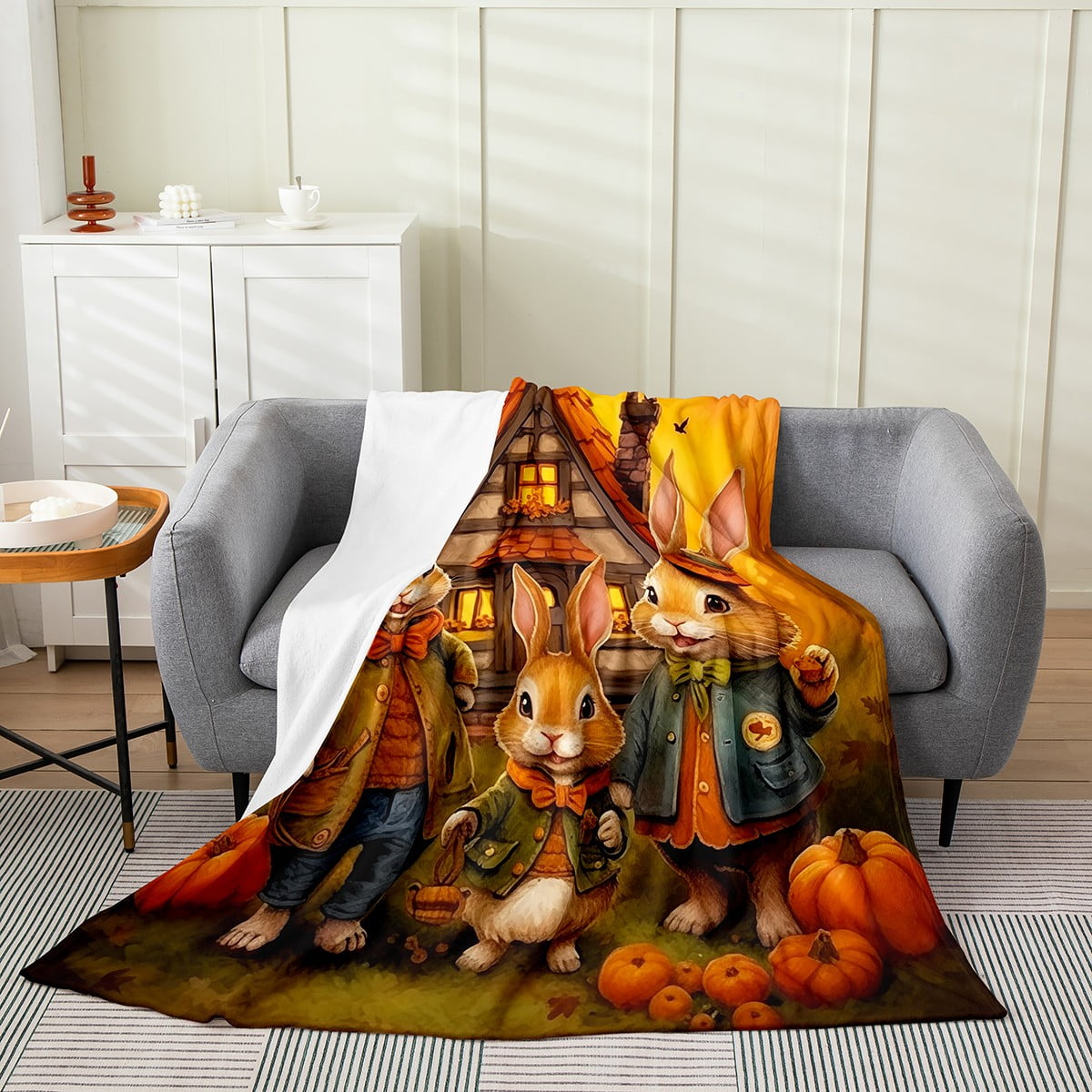 Cartoon Rabbit Queen 90x90 Fuzzy Blanket Grey Cute Rabbit Fleece ...