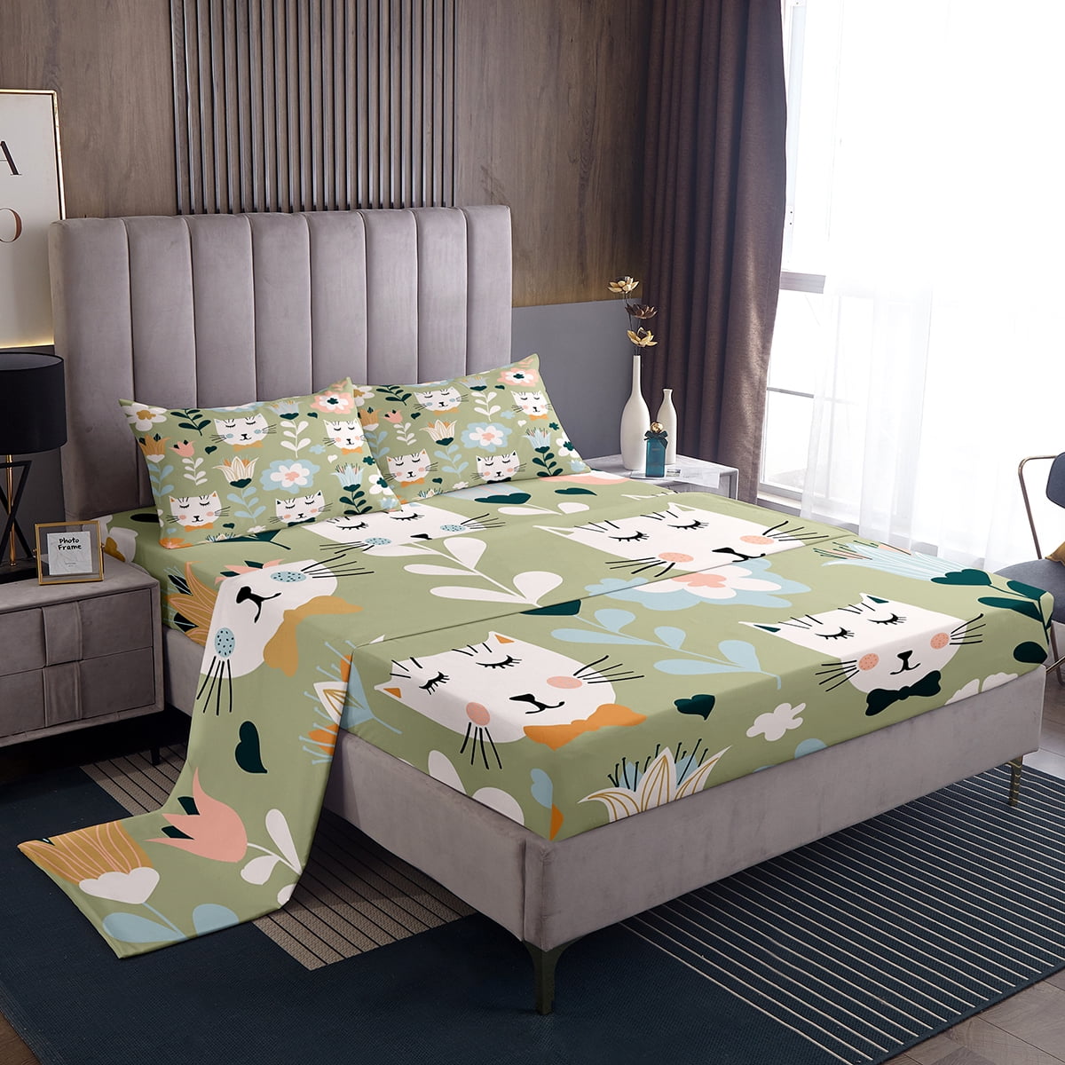 YST Kids Cat Bedding Set King Size,Cartoon Cat Bed Sheets Set for Girls ...