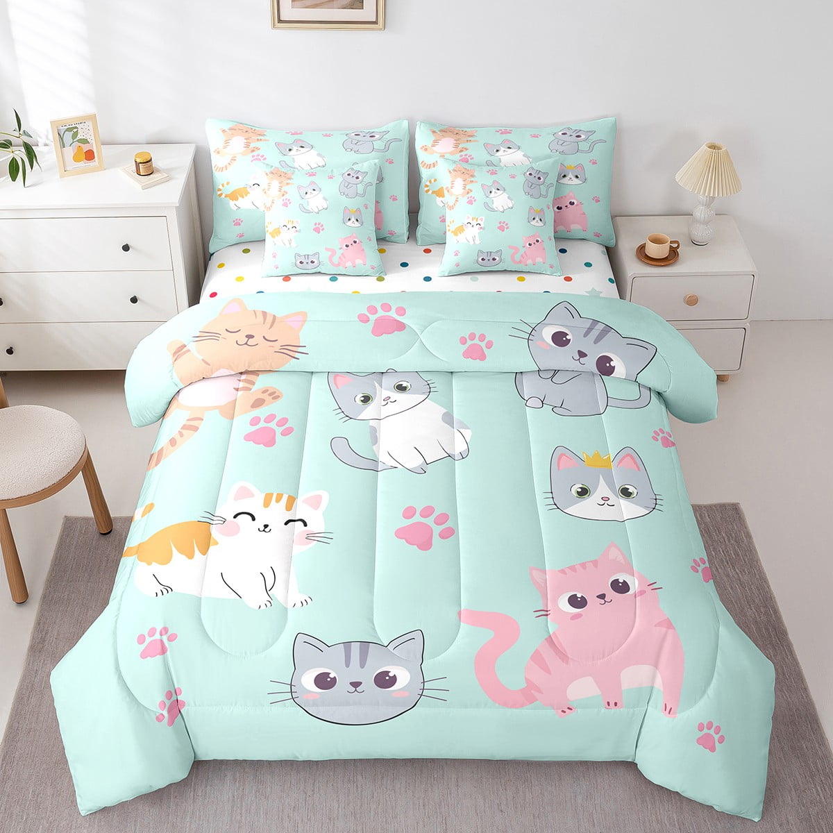YST Kids Cat Bedding Set Queen Cartoon Cats Comforter Set With Sheets ...