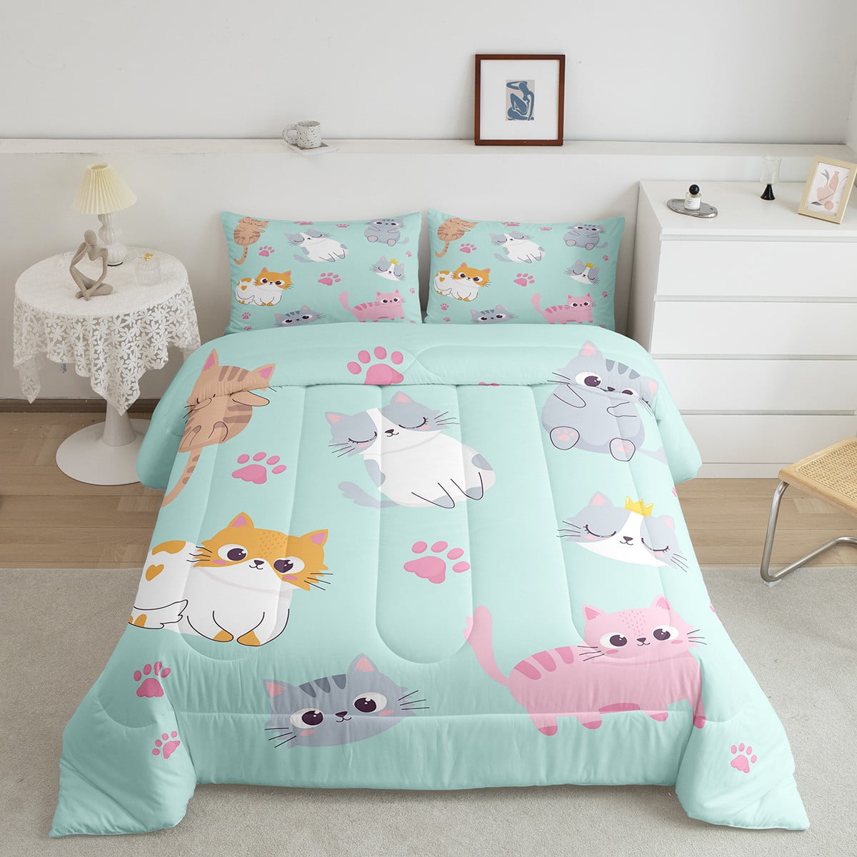 Erosebridal Cat Bedding Set Queen Size Cartoon Cats Comforter Set Teen ...