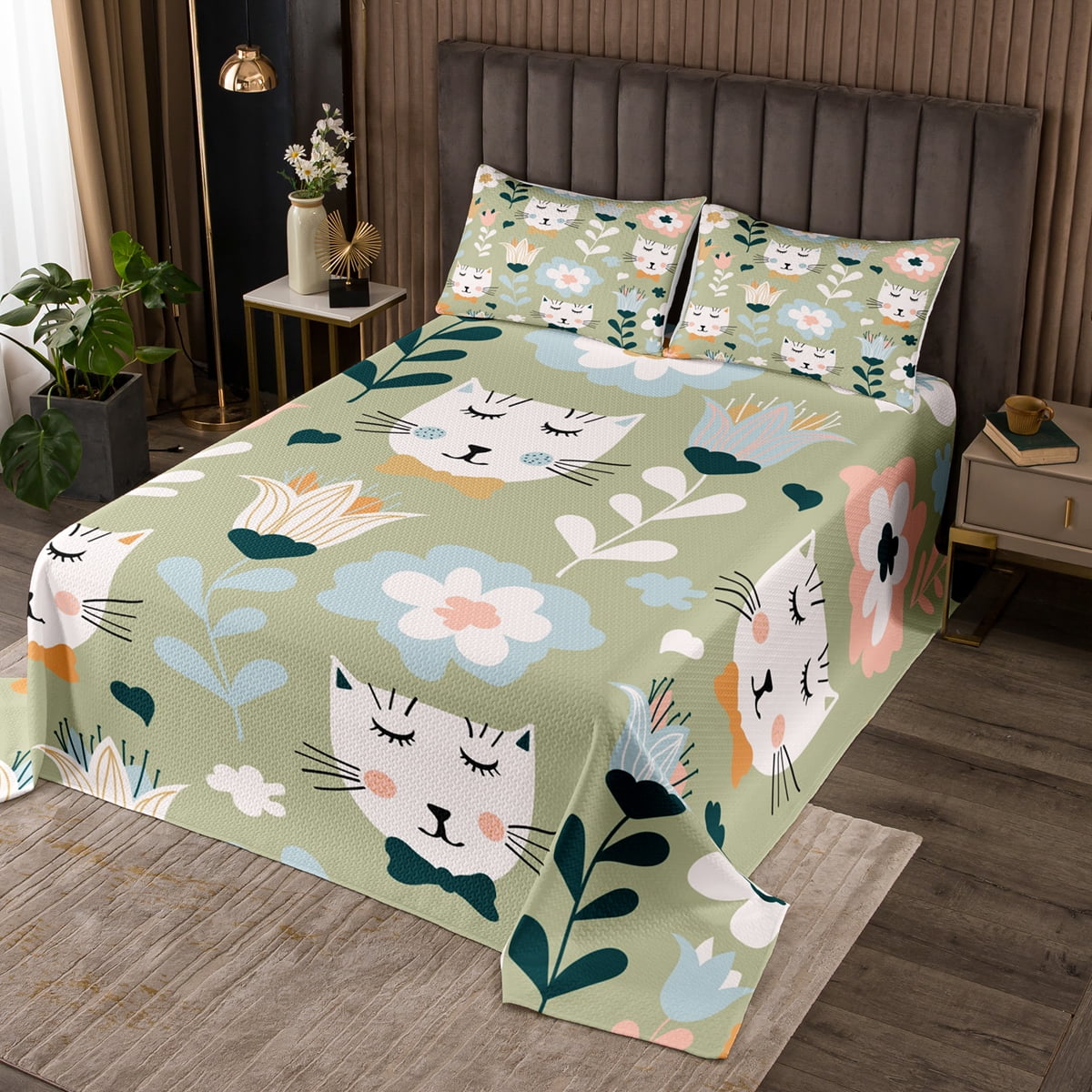 YST Kids Cat Bedspread Set Twin Size,Cartoon Cat Quilt Set for Girls ...