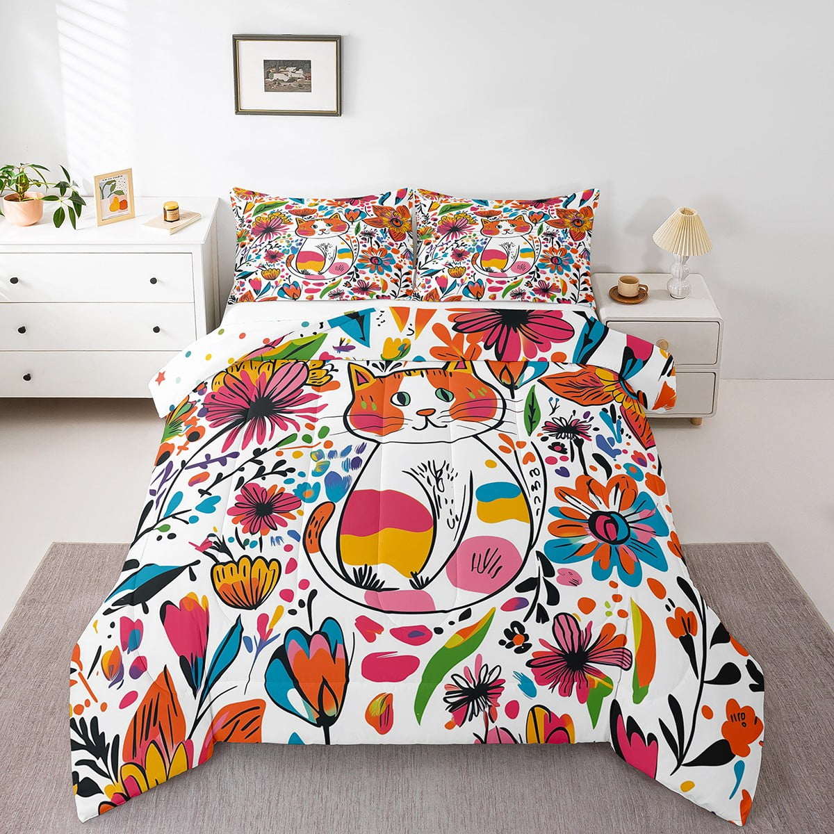 Cat Comforter Set Queen Size Colourful Flowers Quilt ren Cute Animals ...