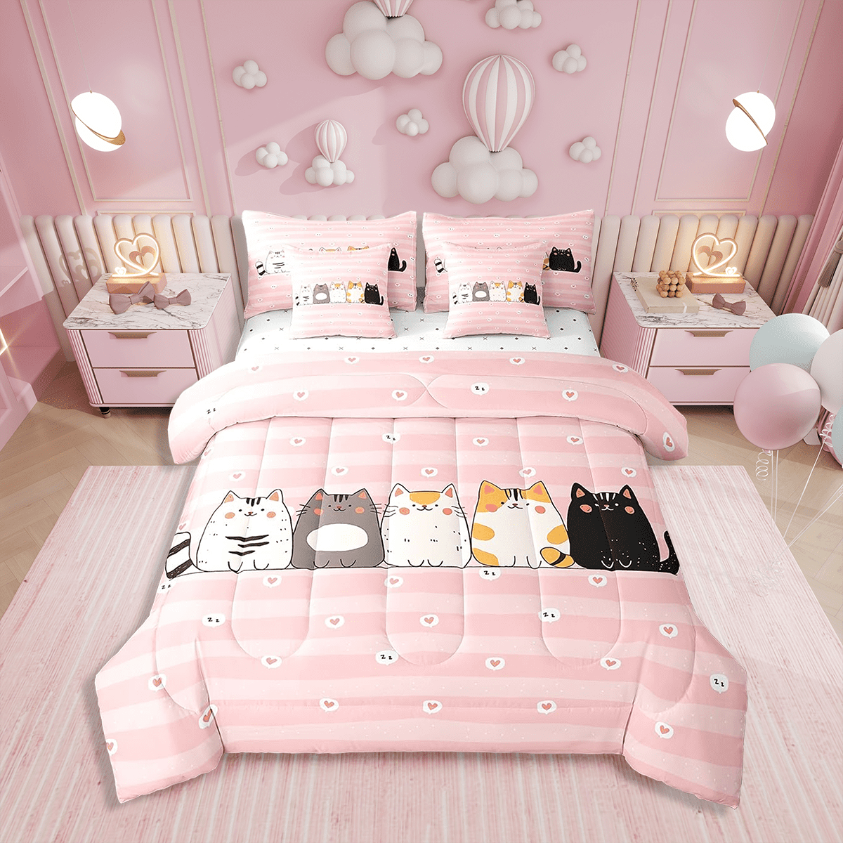 Kids Cat King Comforter Set with Sheets 7 Pieces Pink White Cats Print ...
