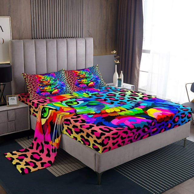 YST Kids Cat Kitten Bedding Full Size Rainbow Leopard Print Bed Sheets ...