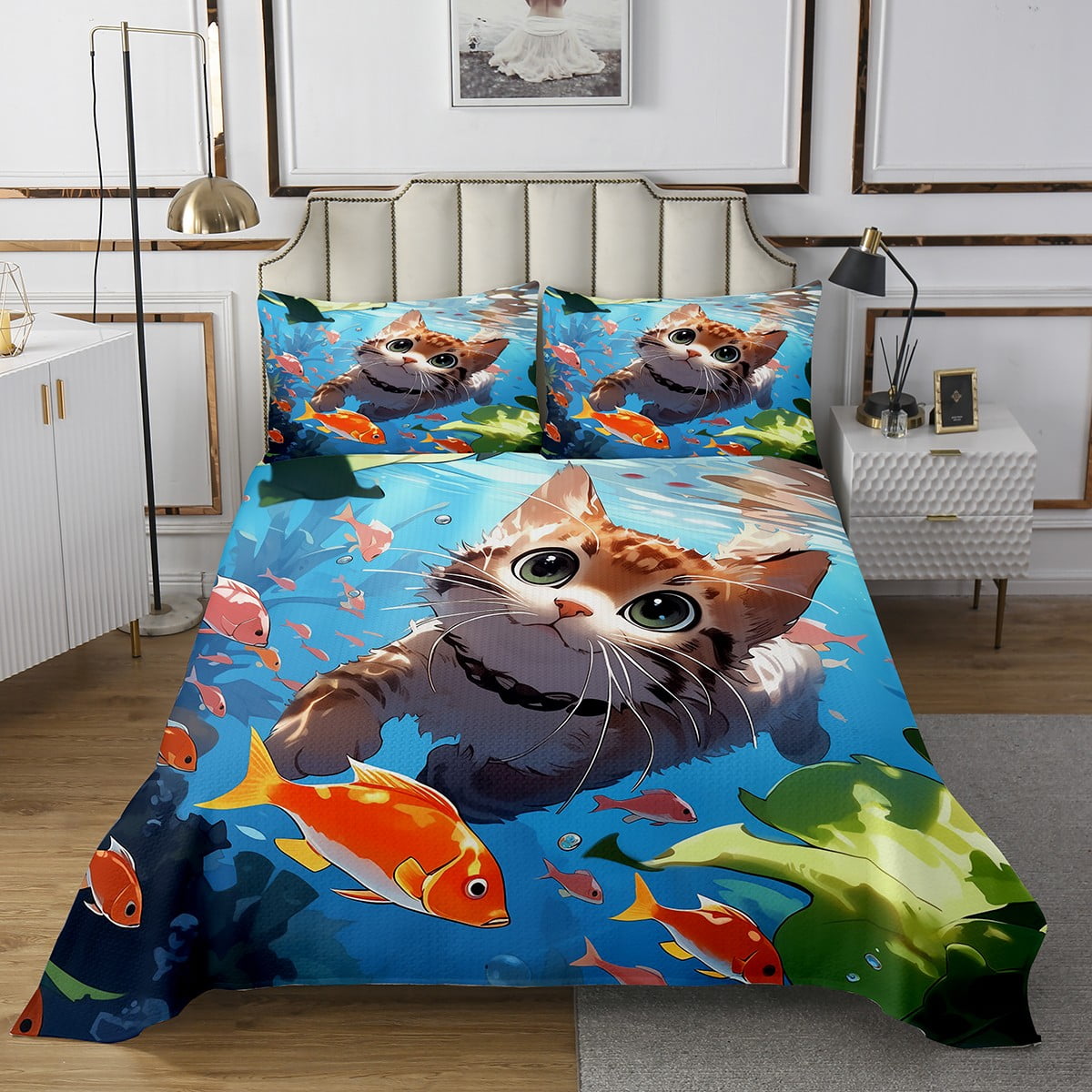 YST Kids Cat Quilt Set Twin Size, Cute Animal Bedspread Set Underwater ...
