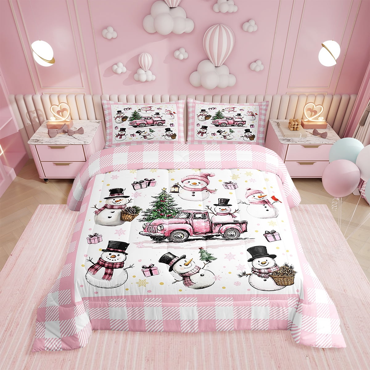 Kids Christmas Bedding Set Cute Pink And White Snowman King Comforter ...
