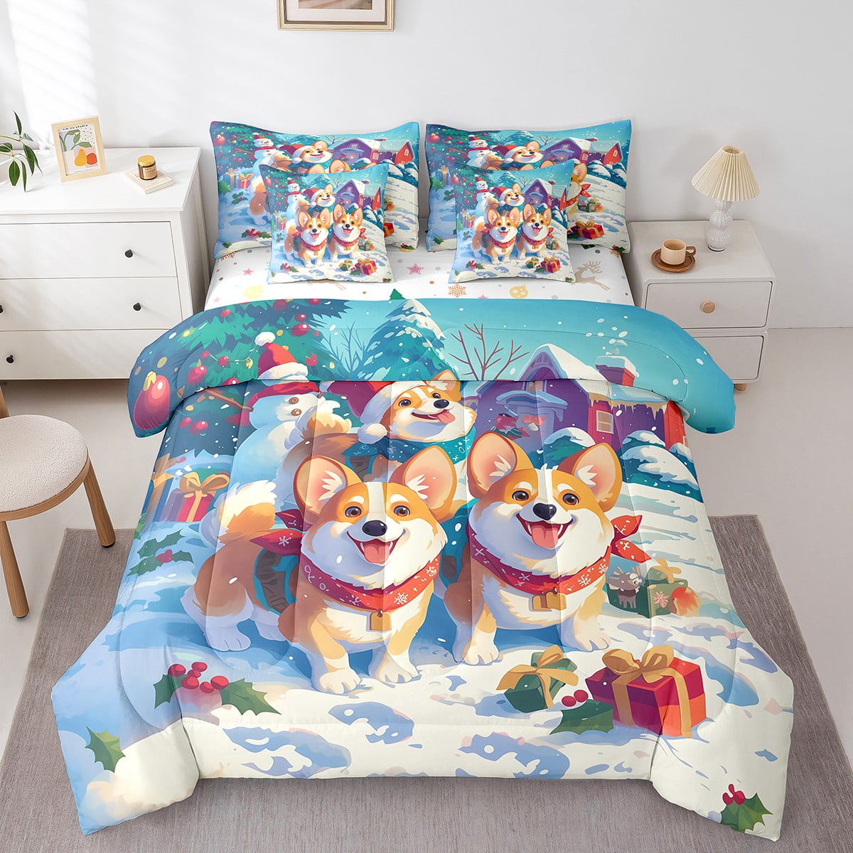 Christmas Bedding Set Queen Size Cartoon Corgi Pug Sheet Set Cute Puppy ...