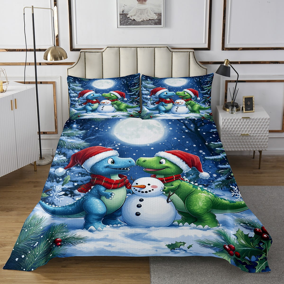 YST Kids Christmas Dinosaur Quilt Set Queen Size Boys Christmas Snowman ...