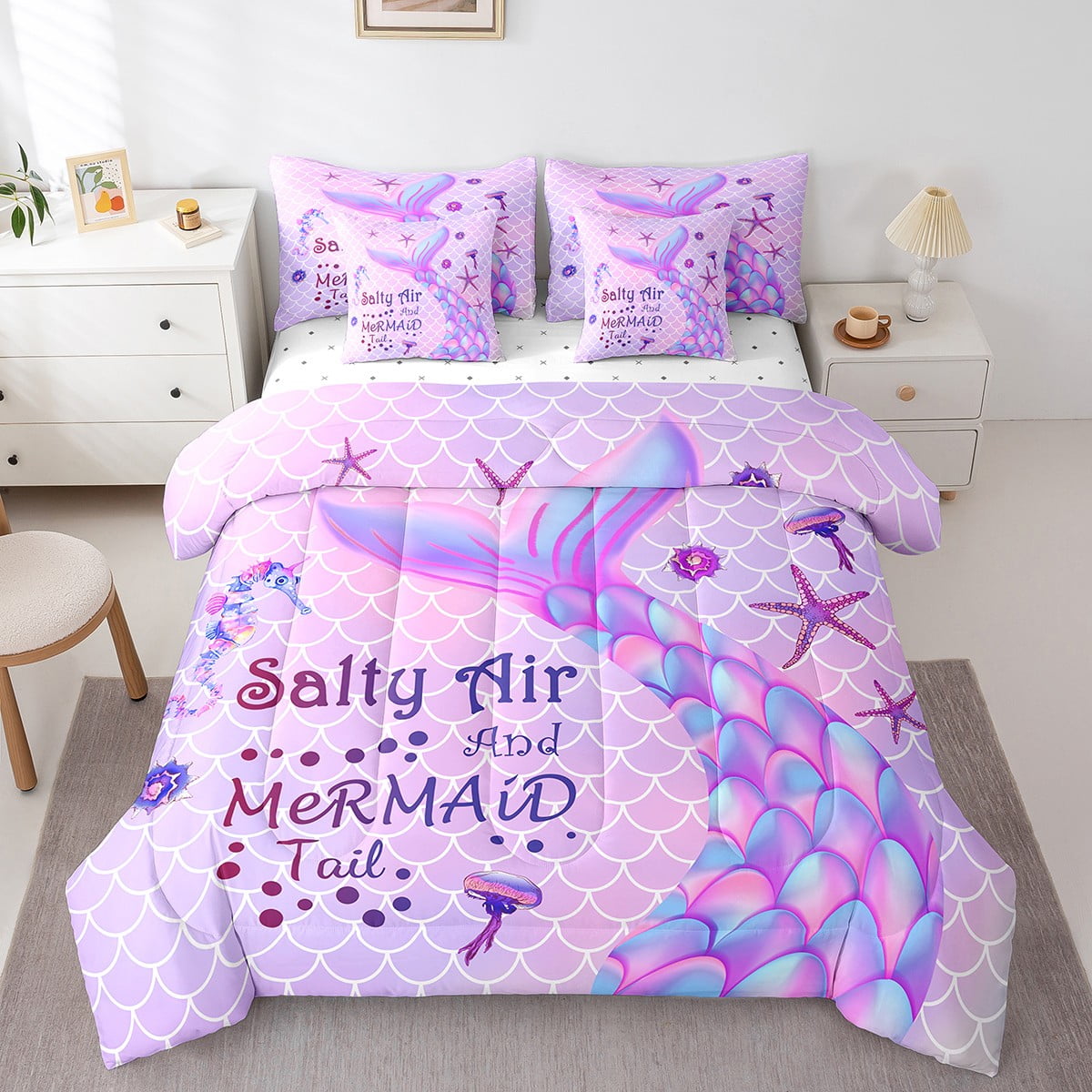 Comforter Set Mermaid 7 Pcs,Mermaid Bedding Queen,Girly Purple Mermaid ...
