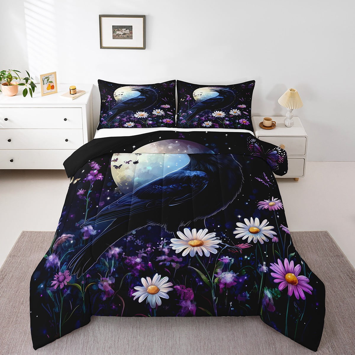 Crow Decor Comforter Set, Halloween Raven Quilt Starry Sky Moon Bedding ...