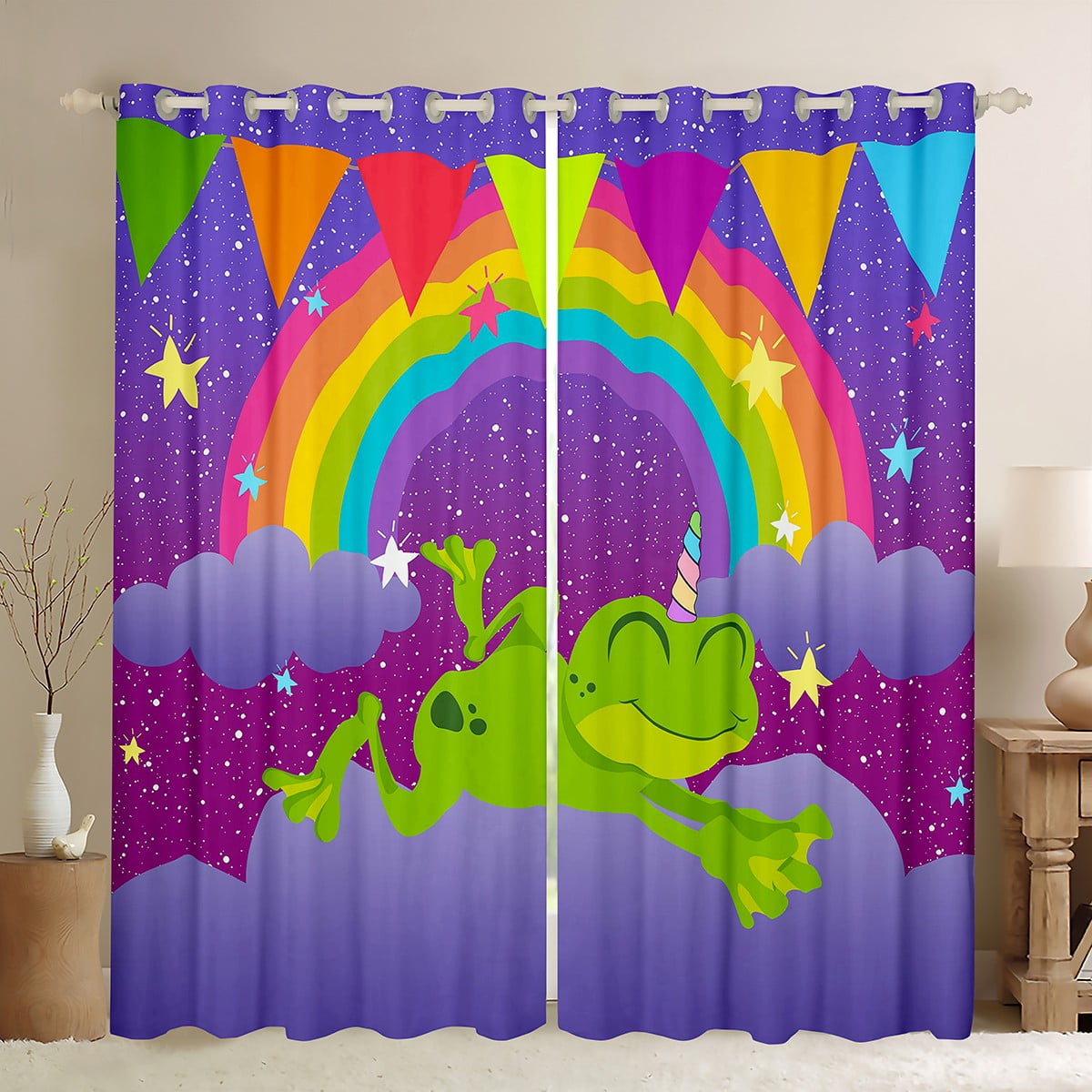 Curtains Cute Rainbow Frog Print 30%-50% Blackout Curtains Green Frog ...