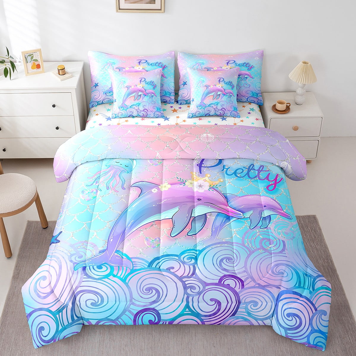 Cute Dolphin Comforter Set Full 7 Piece Pink Teal Ombre Rainbow Fish ...
