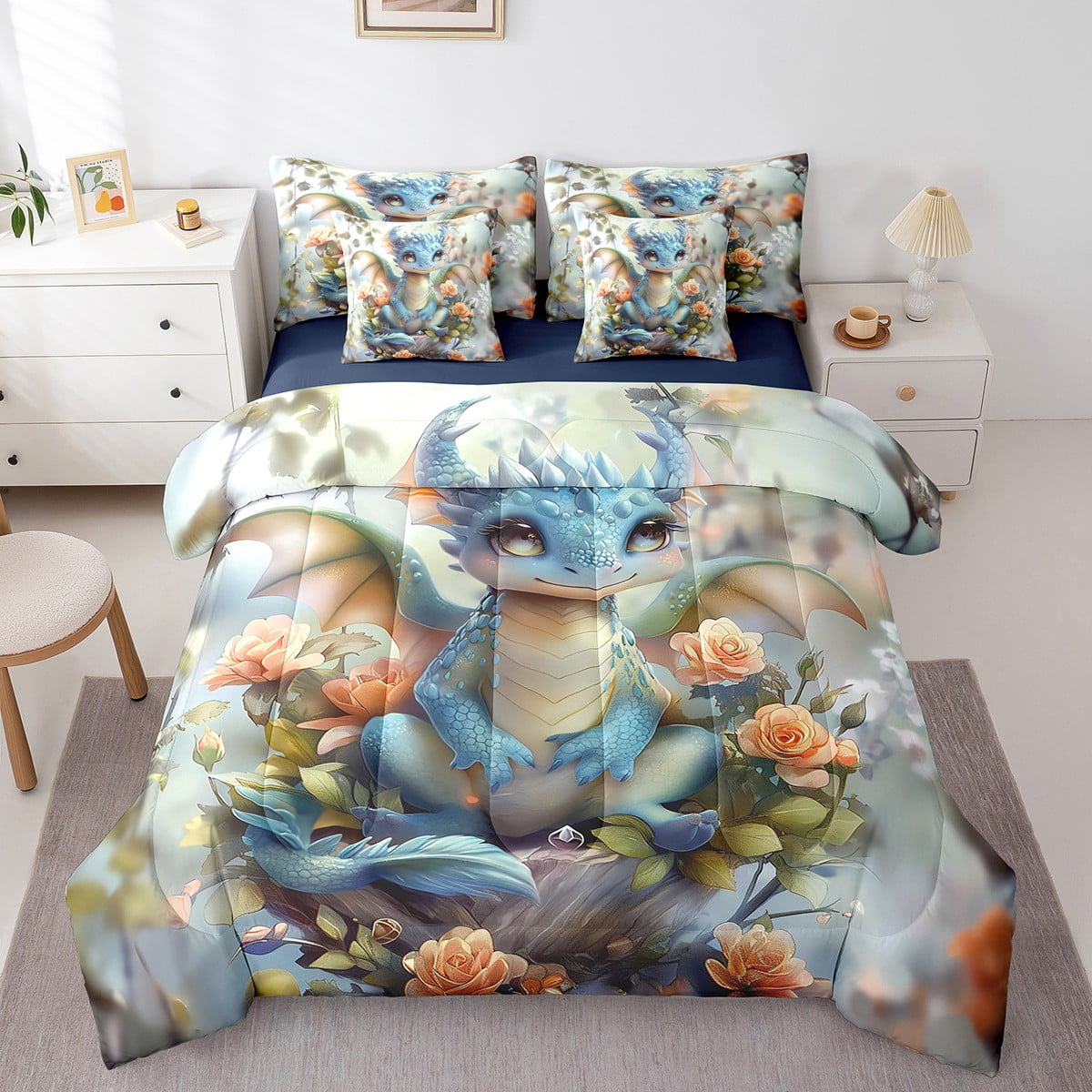 YST Kids Cute Dragon Comforter Set 7 Piece Twin Boys Girls Cartoon ...