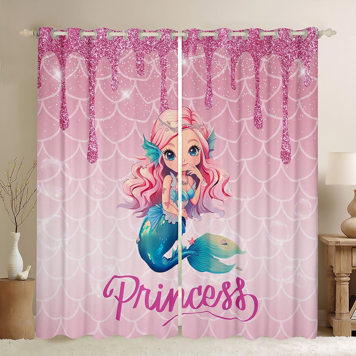 Cute Mermaid Princess Window Curtains 42"Wx90"L Mermaid Scales Curtains ...