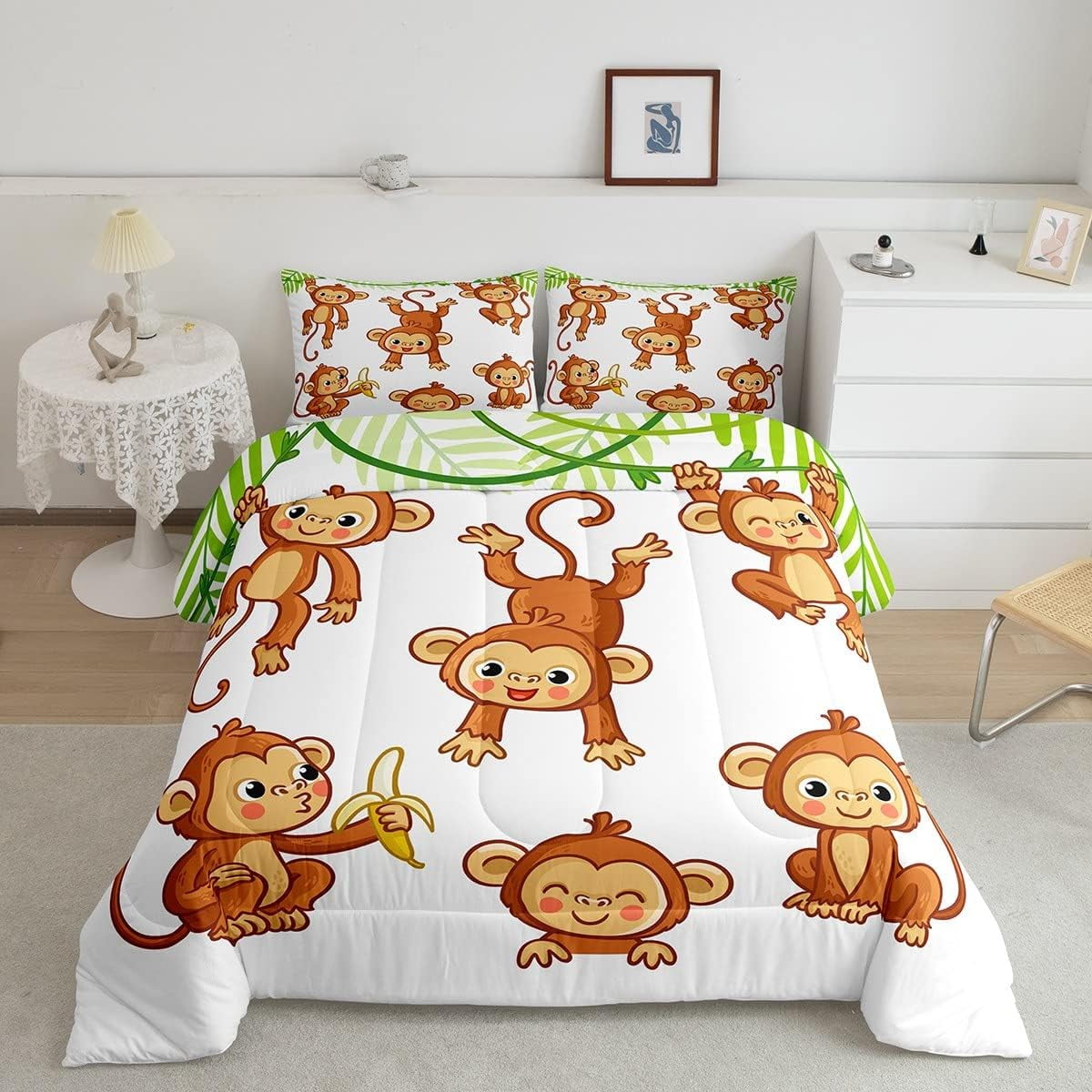 YST Kids Cute Monkeys Bedding Set Cartoon Monkey Banana Decor Comforter ...